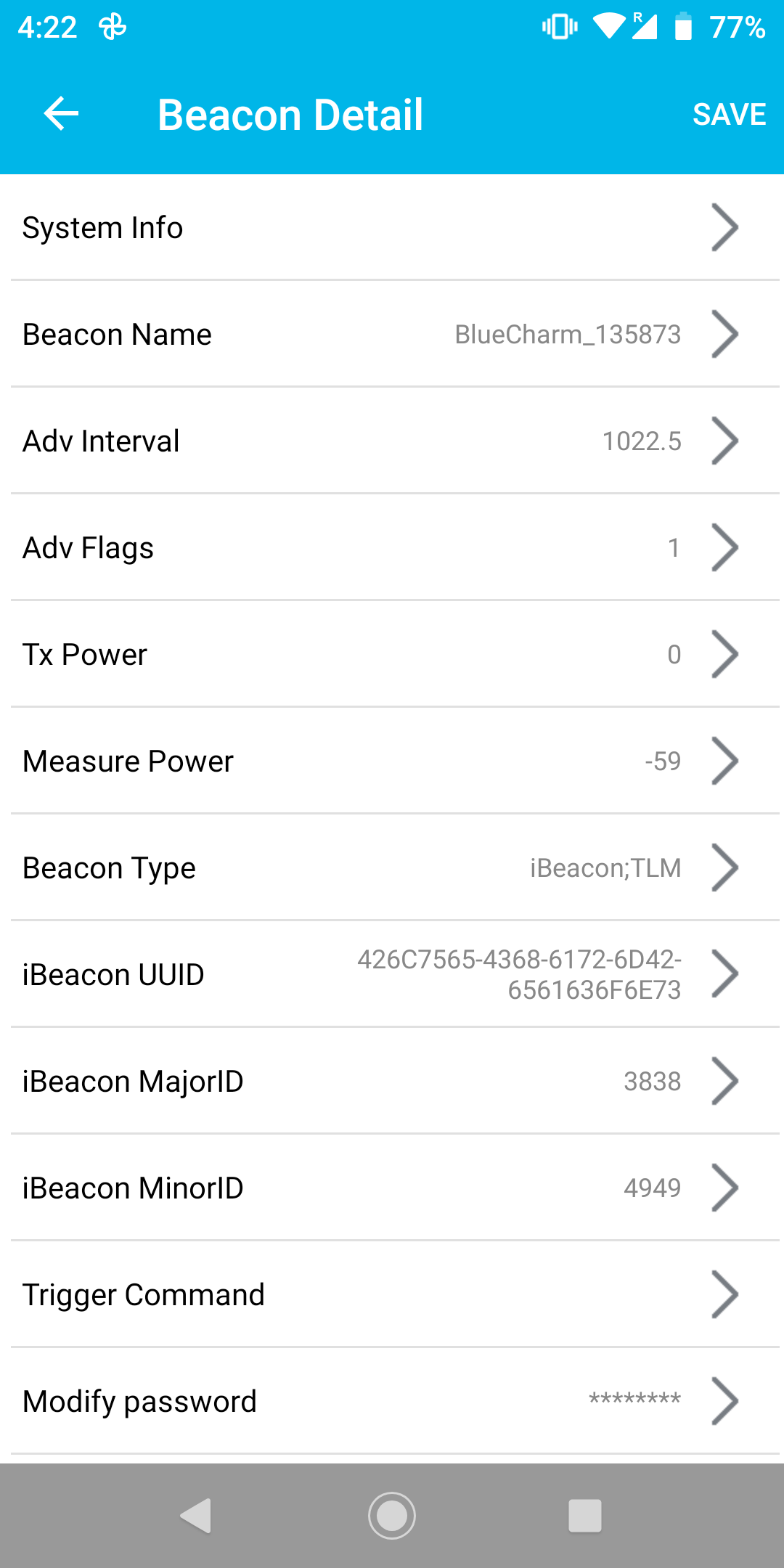 Android – main connection detail screen – Blue Charm Beacons